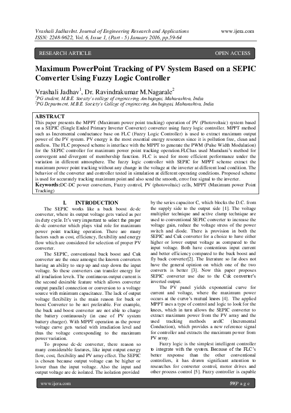 (PDF) Maximum PowerPoint Tracking of PV System Based on a SEPIC Converter Using Fuzzy Logic ...