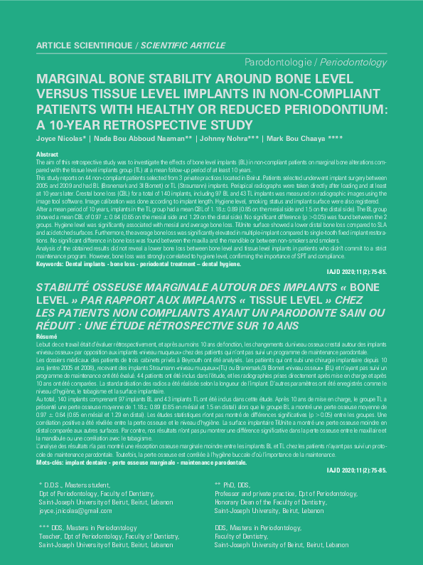 (PDF) Marginal bone stability around bone level versus tissue level ...
