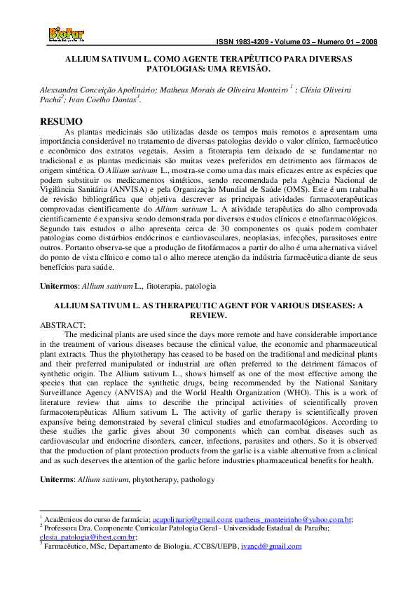 (PDF) Allium Sativum L. Como Agente Terapêutico Para Diversas Patologias: Uma Revisão