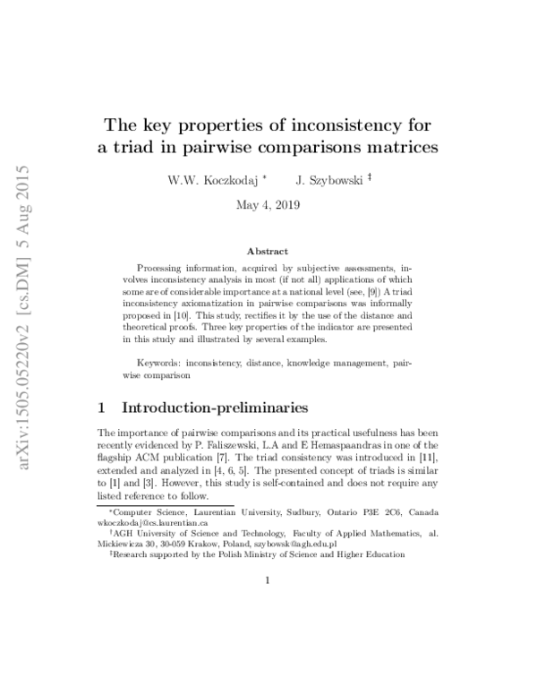 (PDF) The key properties of inconsistency indicators for a triad in pairwise comparison matrices