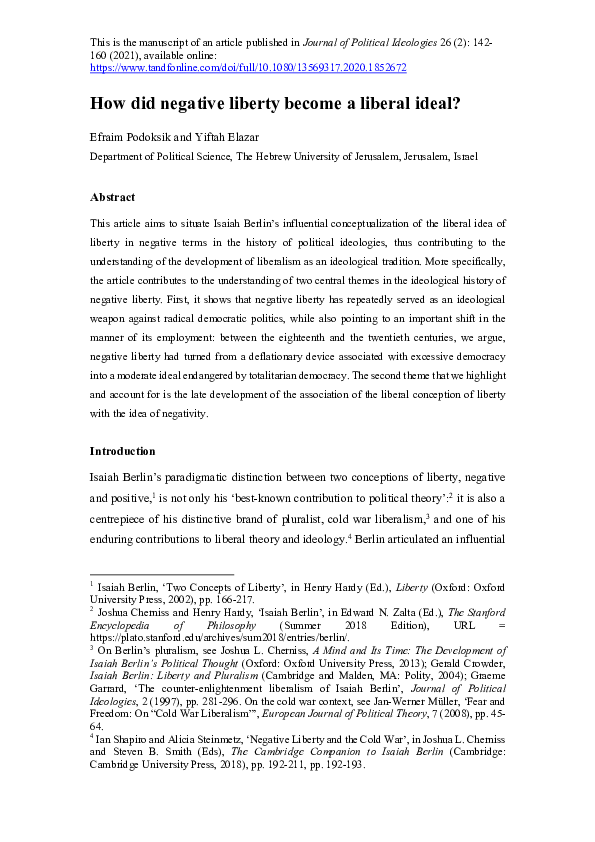 (PDF) How Did Negative Liberty Become a Liberal Ideal?