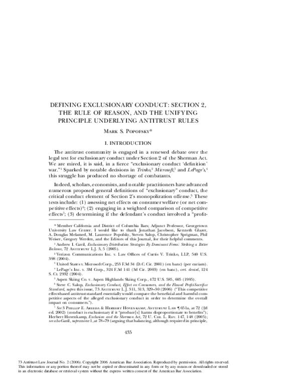 (PDF) Defining Exclusionary Conduct: Section 2, the Rule of Reason, and ...
