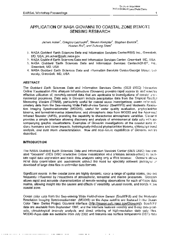 (PDF) Application of NASA Giovanni to Coastal Zone Remote Sensing Research