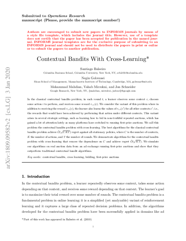 (PDF) Contextual Bandits with Cross-learning