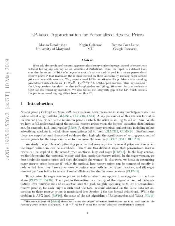 (PDF) LP-based Approximation for Personalized Reserve Prices