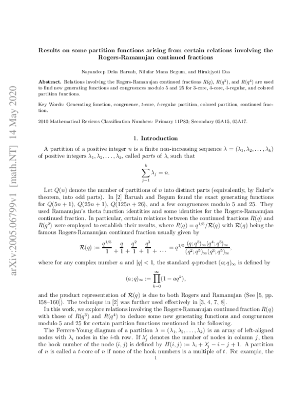 (PDF) Results on some partition functions arising from certain relations involving the Rogers ...