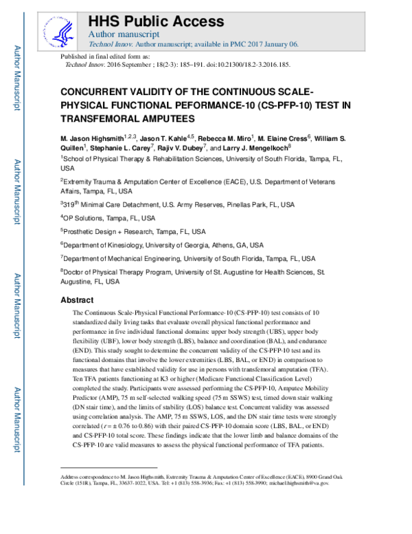 Pdf Concurrent Validity Of The Continuous Scale Physical Functional Peformance 10 Cs Pfp 10