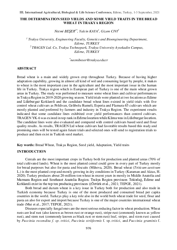(PDF) THE DETERMINATION SEED YIELDS AND SOME YIELD TRAITS IN THE BREAD WHEAT IN TRAKYA REGION