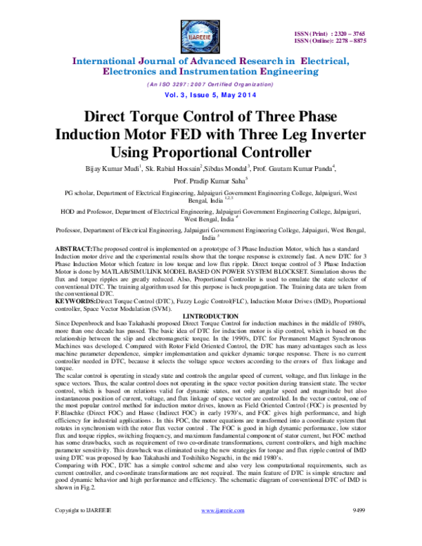 Pdf Direct Torque Control Of Three Phase Induction Motor Fed With