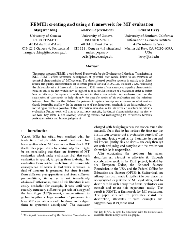 (PDF) FEMTI: creating and using a framework for MT evaluation