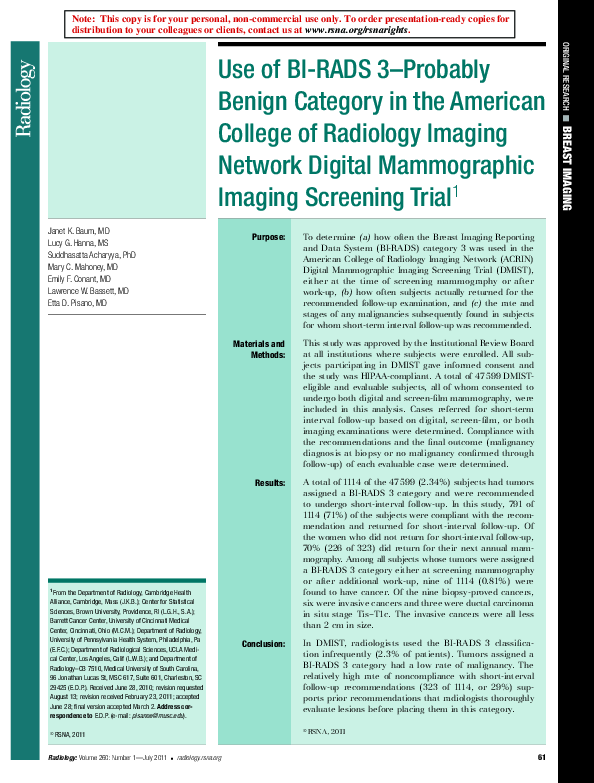 (PDF) Use of BI-RADS 3-probably benign category in the American College of Radiology imaging ...