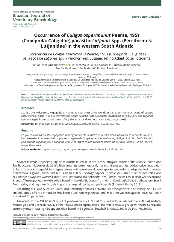 (PDF) Occurrence of Caligus asperimanus Pearse, 1951 (Copepoda ...