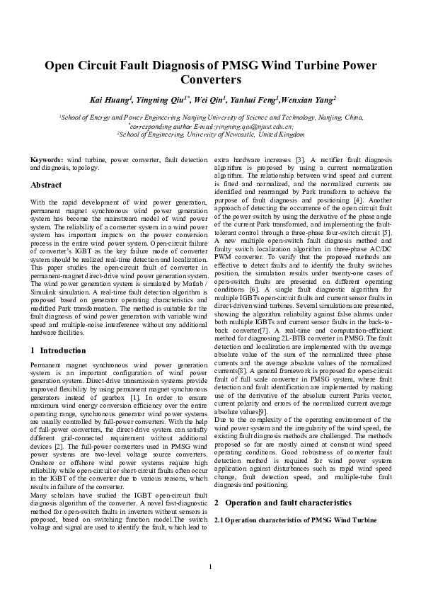 (PDF) Open circuit fault diagnosis of PMSG wind turbine power converters