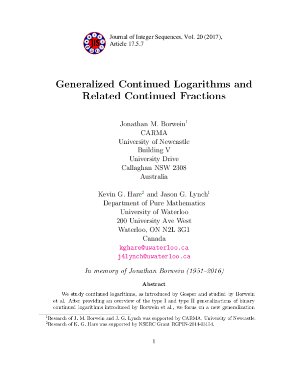 (PDF) Generalized Continued Logarithms and Related Continued Fractions