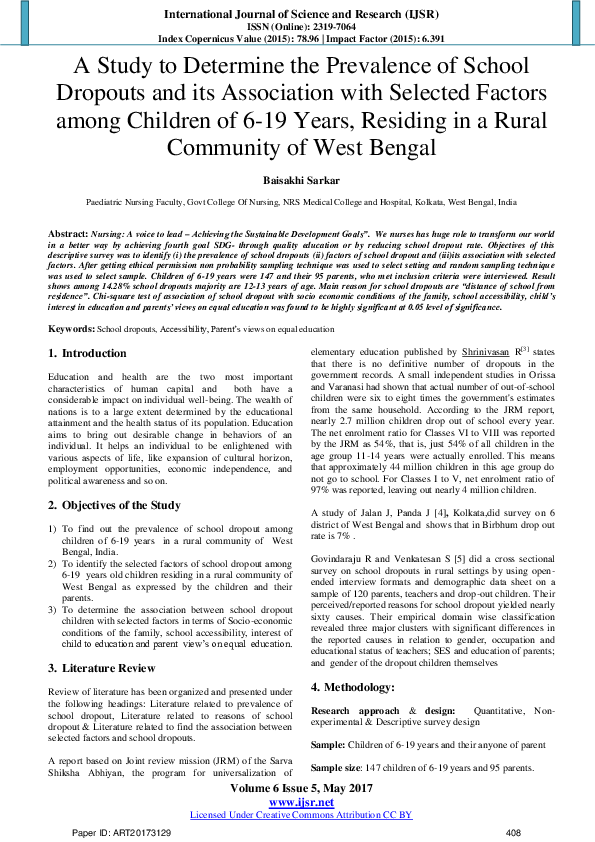 (PDF) A Study to Determine the Prevalence of School Dropouts and its ...