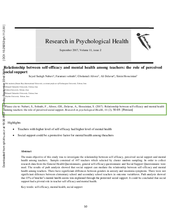(PDF) Relationship between self-efficacy and mental health among teachers:the role of perceived ...