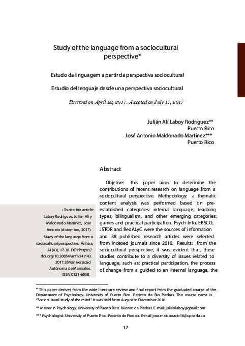 (PDF) Study of the language from a sociocultural perspective