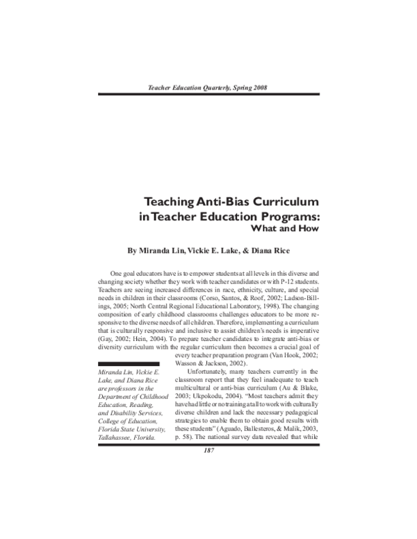 (PDF) Teaching Anti-Bias Curriculum in Teacher Education Programs: What ...