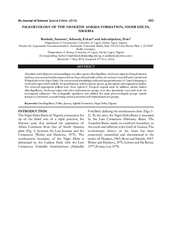 (PDF) Paleoecology of the Neogene Agbada formation, Niger Delta, Nigeria