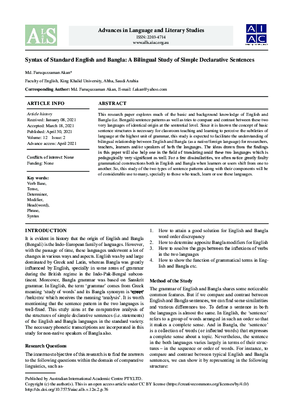 (PDF) Syntax of Standard English and Bangla: A Bilingual Study of ...