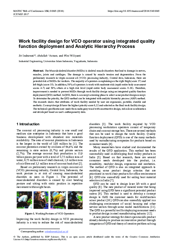 Pdf Work Facility Design For Vco Operator Using Integrated Quality Function Deployment And