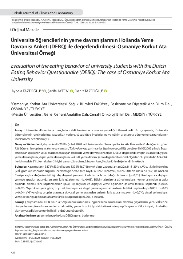(PDF) Evaluation of the eating behavior of university students with the ...