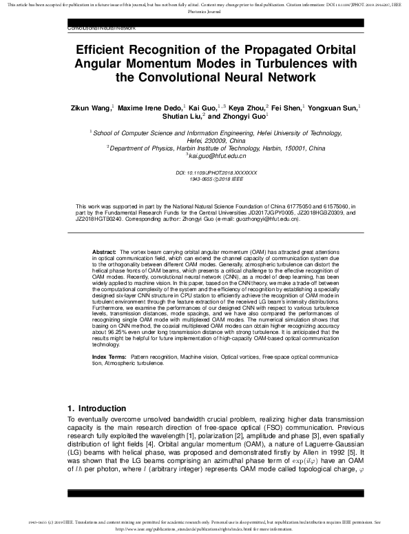 Pdf Efficient Recognition Of The Propagated Orbital Angular Momentum