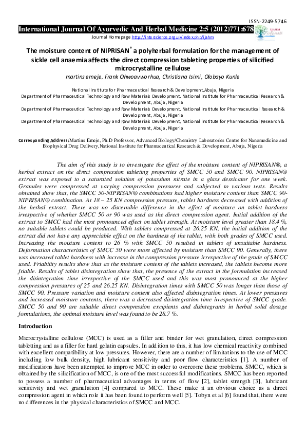 (PDF) The moisture content of NIPRISAN ® a polyherbal formulation for ...