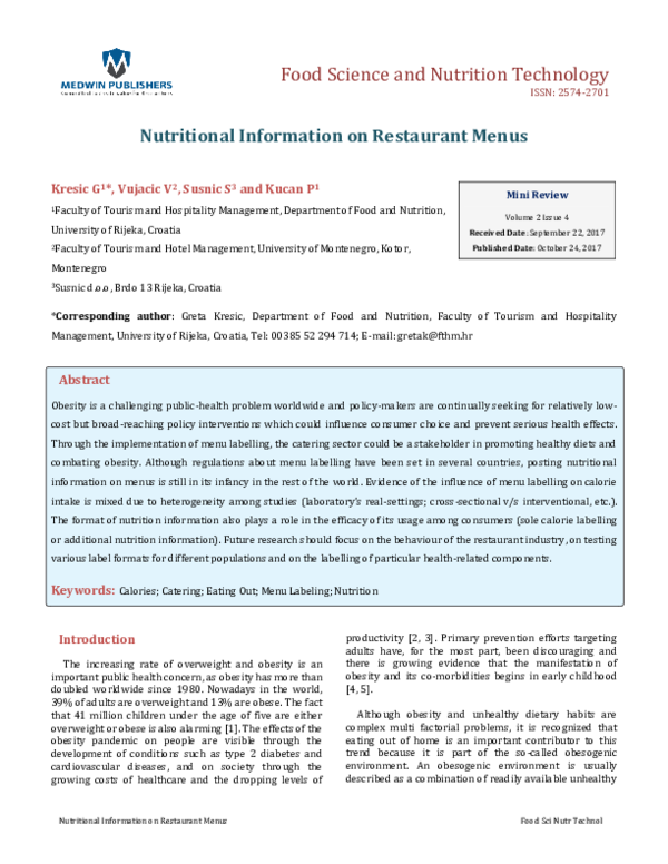 (PDF) Nutritional Information on Restaurant Menus