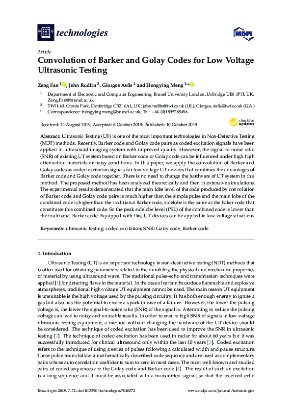 (PDF) Convolution of Barker and Golay Codes for Low Voltage Ultrasonic ...