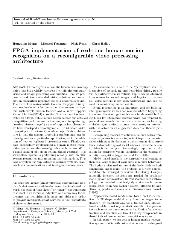 Pdf Fpga Implementation Of Real Time Human Motion Recognition On A Reconfigurable Video