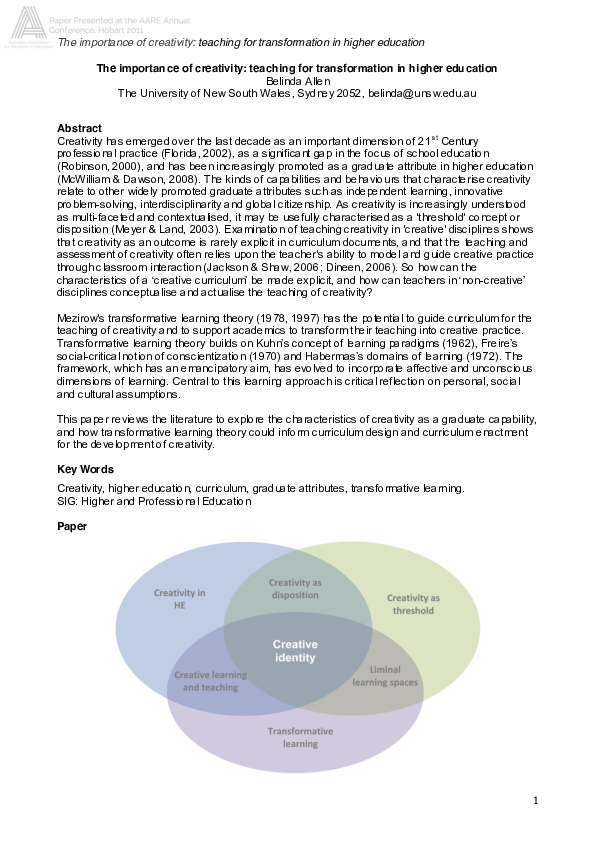 (PDF) The importance of creativity : teaching for transformation in ...