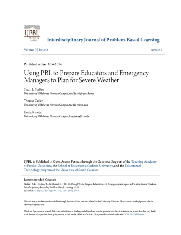 (PDF) Using PBL to Prepare Educators and Emergency Managers to Plan for ...