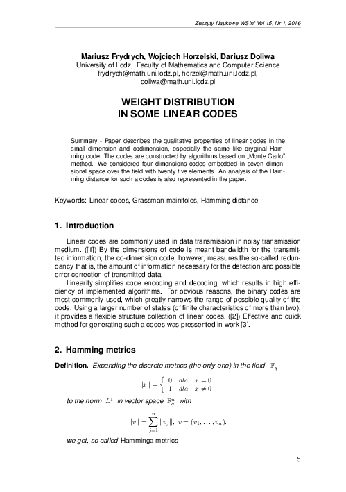 (PDF) Weight distribution in some linear codes