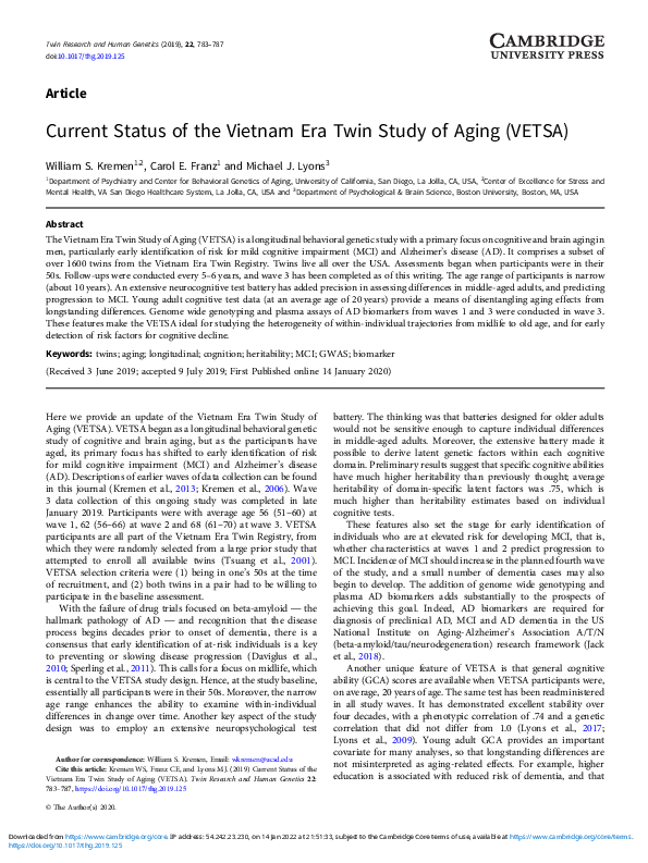 (PDF) Current Status of the Vietnam Era Twin Study of Aging (VETSA)
