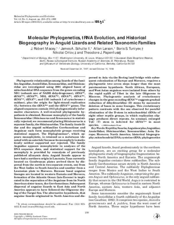 (PDF) Molecular phylogenetics, tRNA evolution, and historical ...