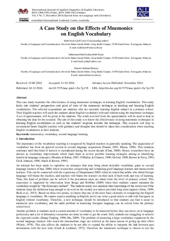 (PDF) A Case Study on the Effects of Mnemonics on English Vocabulary