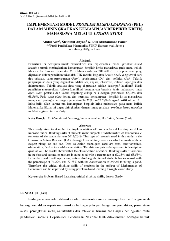 (PDF) Implementasi Model Problem Based Learning (PBL) dalam Meningkatkan Kemampuan Berpikir ...