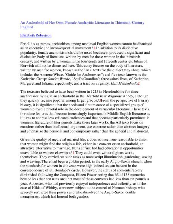 (PDF) An anchorhold of her own: female anchoritic literature in ...