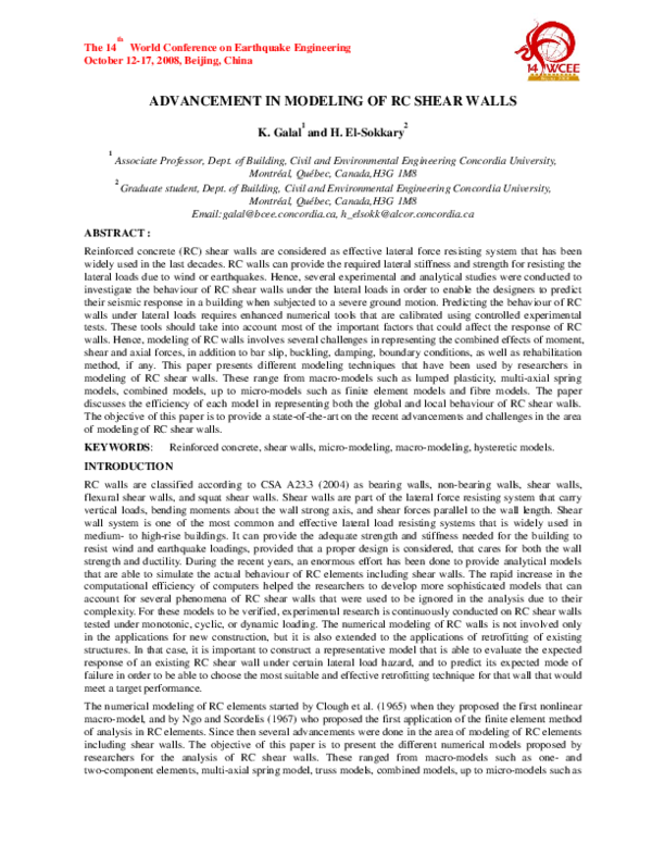 (PDF) Advancement in Modeling of RC Shear Walls