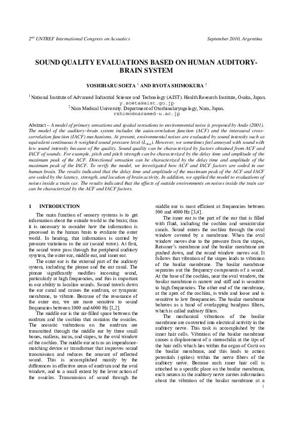 (PDF) Sound Quality Evaluations Based on Human Auditory-Brain System