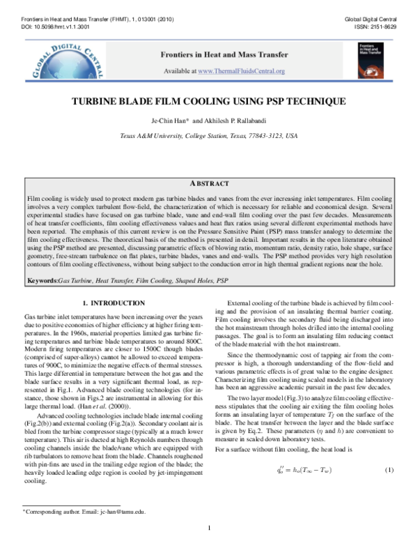 (PDF) Turbine Blade Film Cooling Using PSP Technique