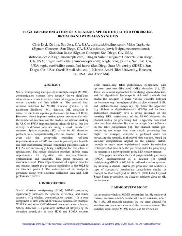 (PDF) Fpga Implementation of a Near-ML Sphere Detector for 802.16E Broadband Wireless Systems