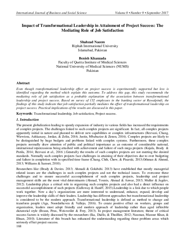 (PDF) Impact of Transformational Leadership in Attainment of Project Success : The Mediating ...