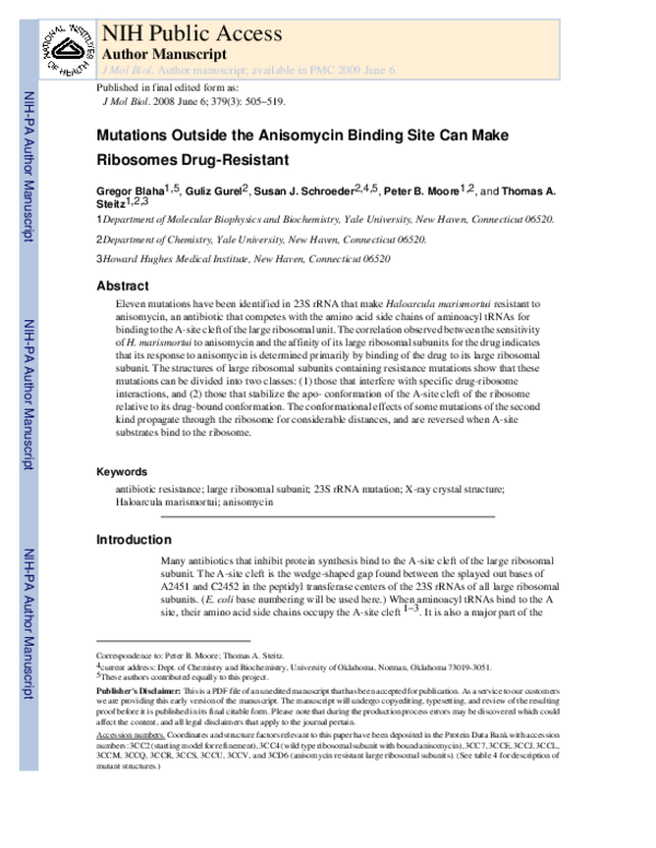 (PDF) Mutations Outside the Anisomycin-Binding Site Can Make Ribosomes ...