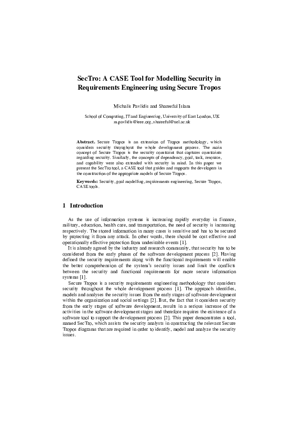 (PDF) SecTro: A CASE Tool for Modelling Security in Requirements ...