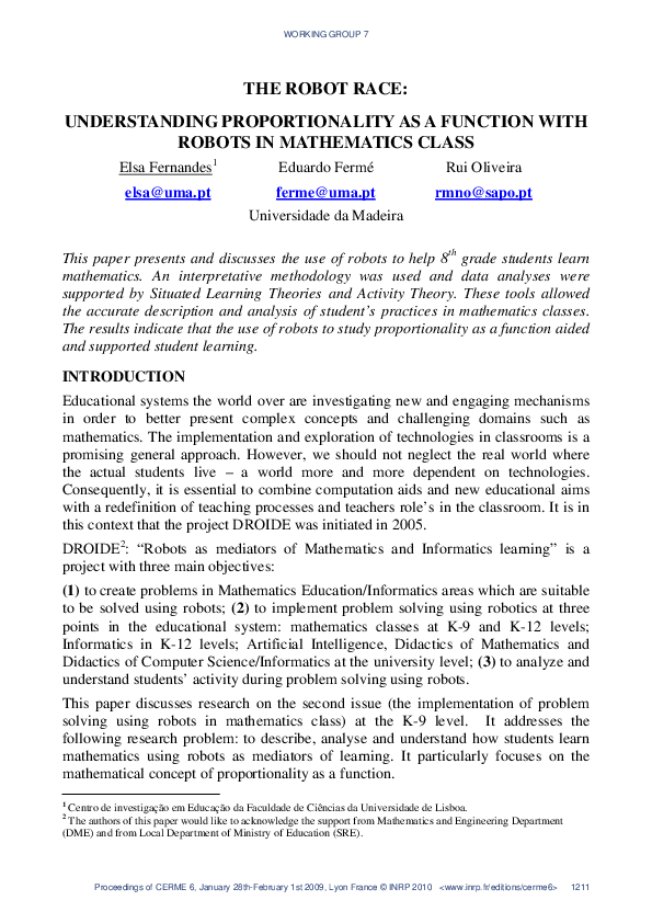 (PDF) The Robot Race: Understanding Proportionality as a Function with Robots in Mathematics Class
