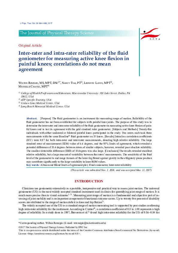 (PDF) Inter-rater and intra-rater reliability of the fluid goniometer for measuring active knee ...