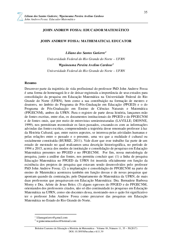 (PDF) John Andrew Fossa: Educador Matemático