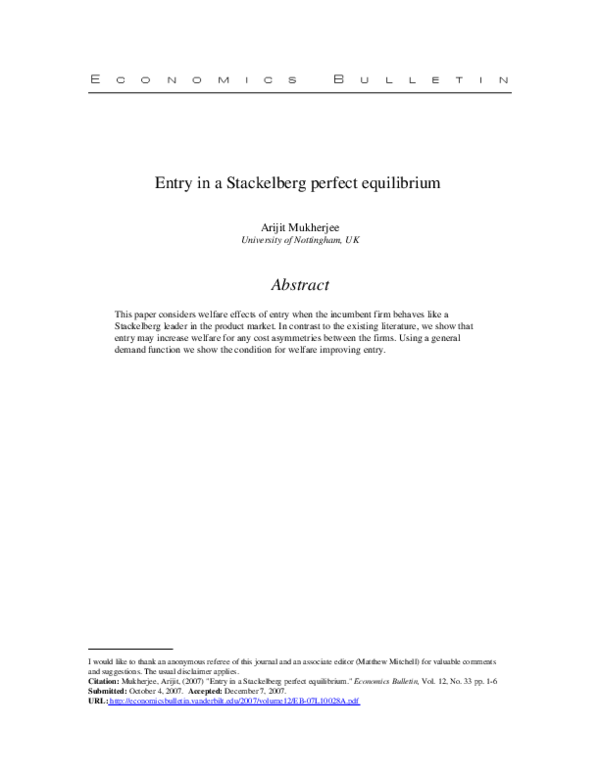 (PDF) Entry in a Stackelberg perfect equilibrium